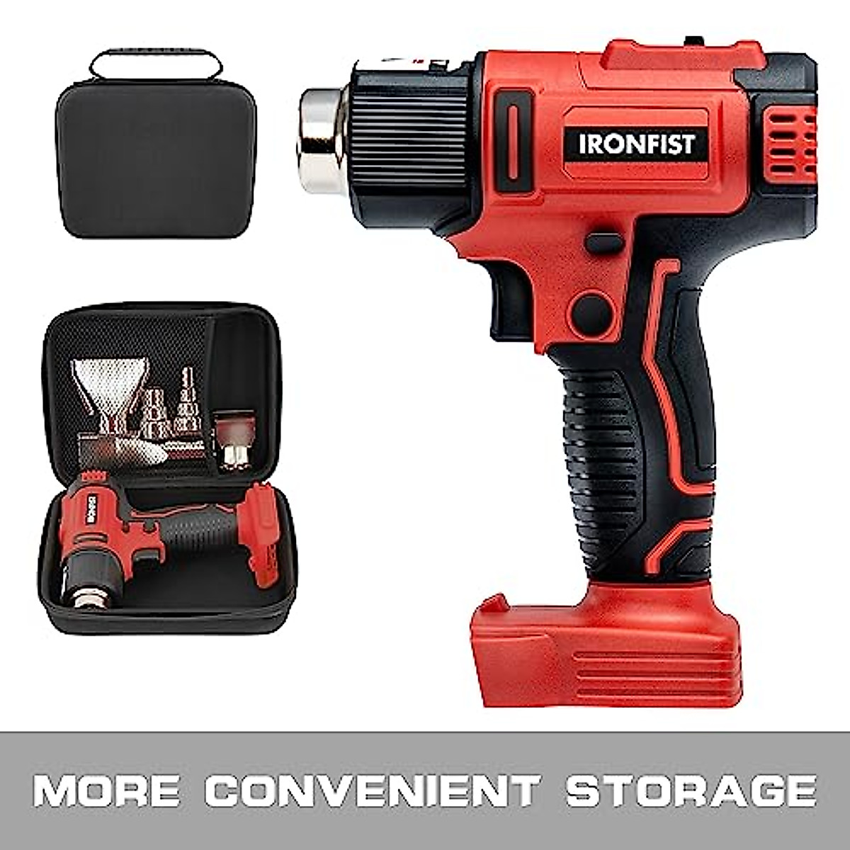 IRONFIST Heat Gun Cordless for Milwaukee M18 Battery, Welding Hot Air Gun with Digital Display 2-Temp Setting & 6 Gear Wind Speed Adjustable with Storage bag & 5 Nozzles (Battery NOT Included)