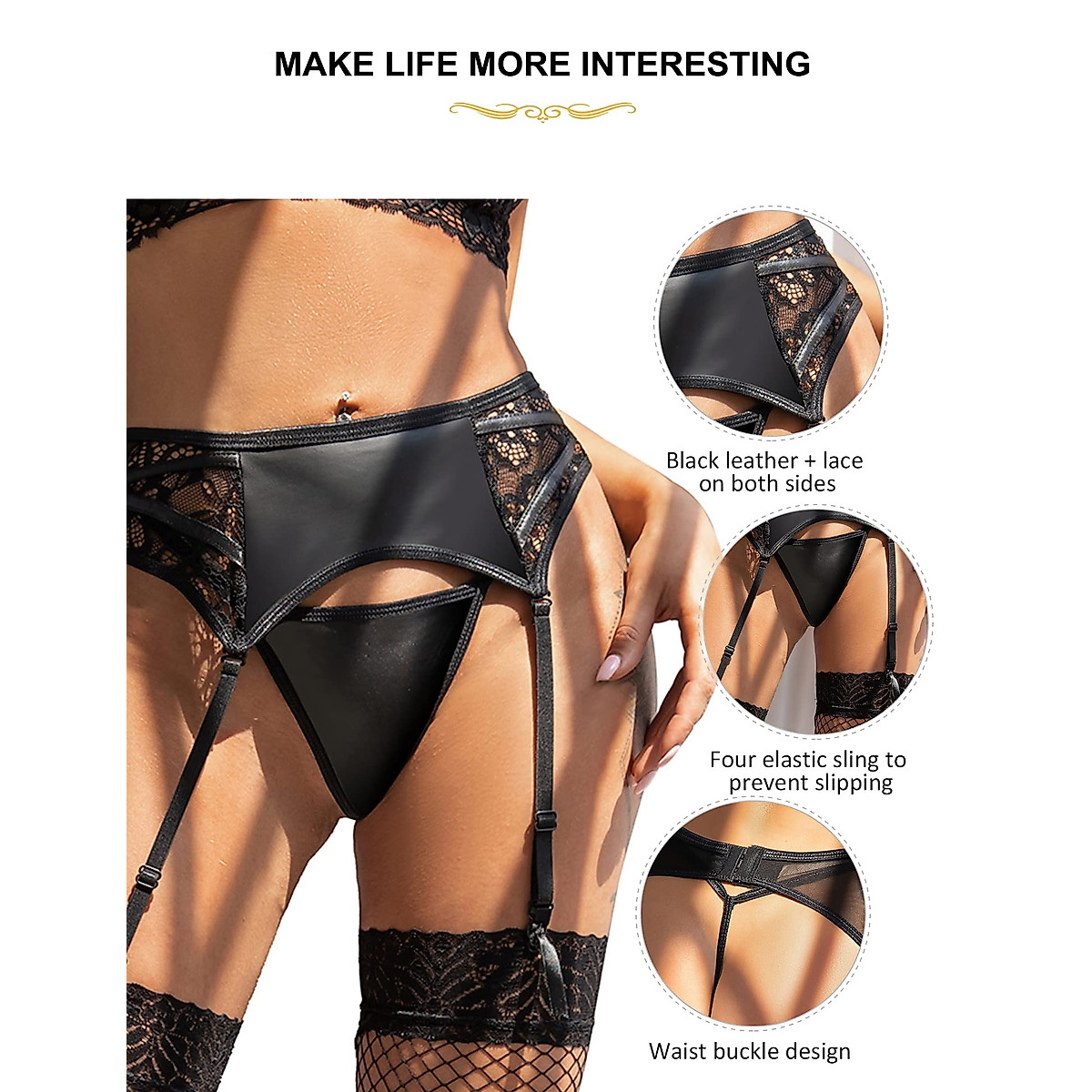 comeondear Plus Size Garter Belts - Women Black Lace High-Waisted Garter Belt