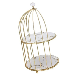 Syrisora Double Layer Storage Shelf Bird Cage Organizer Display Rack for Bathroom Countertop Dressing Table Gold Frame (White Base Gold Pattern)