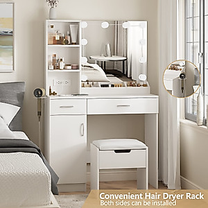 Fameill Makeup Vanity Desk with Lighted Mirror & Power Strip,White Vanity Table Set with Lights and Lots Storage,2 Drawer Makeup Table,3 Lighting Colors,35.4in(L)