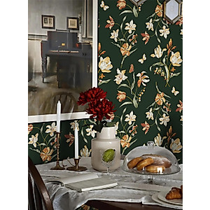 Dimoon 78.7"x16.1" Floral Wallpaper Peel and Stick Dark Green Contact Paper Golden Thicken Waterproof Leaf Flower Vintage Self Adhesive Removable Wallpaper for Bedroom Shelf Liner Decal Vinyl Roll