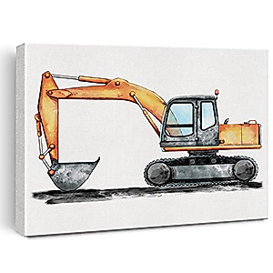 Construction Trucks Canvas Wall Art Watercolor Construction Vehicles Trucks Canvas Painting Prints for Home Boys Bedroom Nursery Wall Decor Framed Artwork Gifts(12x15 Inch)