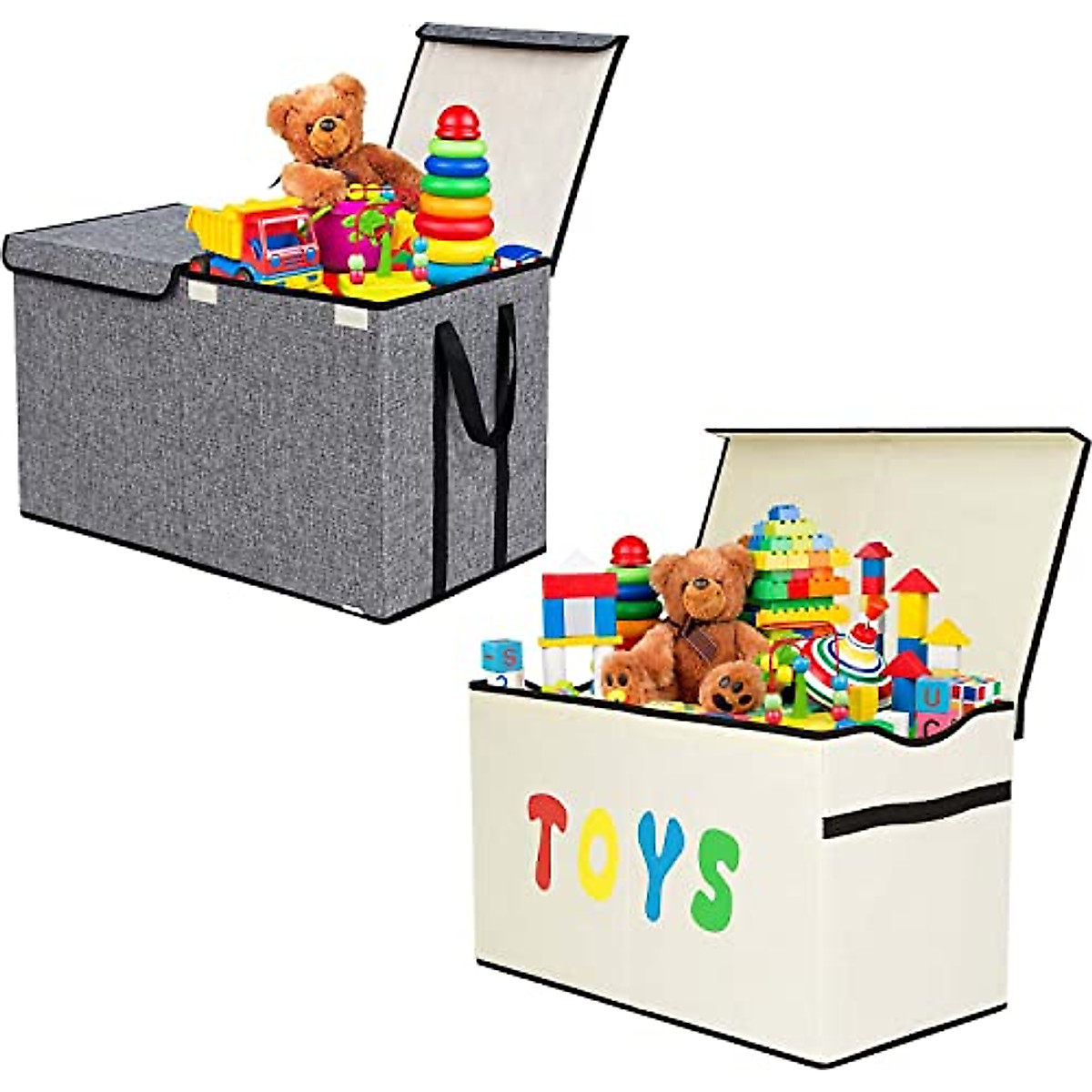YOLOXO 2 Pack Large Kids Toy Box Chest Storage Organizer with Flip-Top Lid Dark Grey+Beige