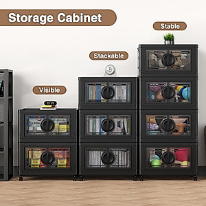 BROVIEW V9 112Gal Storage Bins with Lids, Stackable Collapsible Storage Bins with Wheels, Closet Organizers and Storage, Folding Plastic Cabinet with Doors for Home Office Garage, 4Pack Black