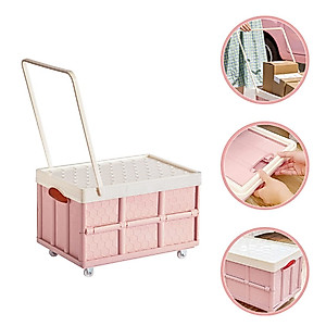 Cabilock Grocery Cart Foldable Storage Bin Collapsible Storage Box Lidded Clothes Storage Box Utility Wagon Beach Camping Garden Shopping Cart with Wheel for Grocery Container Pink