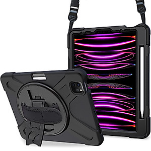 ProCase for iPad Pro 12.9 Inch Case 2022 2021 2020 2018, Rugged Heavy Duty Shockproof Cover with Hand Strap Shoulder Strap for iPad Pro 12.9" 6th 5th 4th 3rd Generation –Black