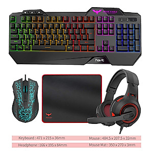 HAVIT Gaming Keyboard Mouse Headset & Mouse Pad Kit, Rainbow LED Backlit Wired, Over Ear Headphone with Mic for PC, Computer, Xbox ONE & PS4, Tablet, Mobile Phones (Renewed)