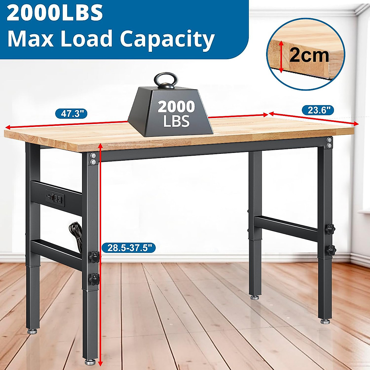 Work Bench, 48" Adjustable Height Work Table, Heavy Duty Oak Wood Workbench, Garage Work Bench Table, 2000 LBS Load Garage Workbench with Power Outlet for Garage/Kitchen/Home/Office