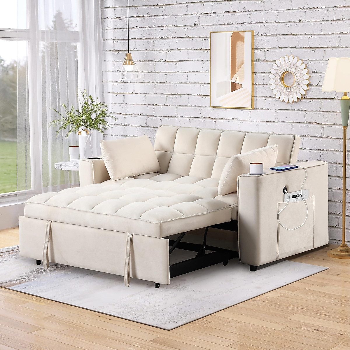 Merax 58" 4-1 Multi-Functional Velvet Sofa Bed with Cup Holder and USB Port for Living Room or Apartments Love Seats, Milky White