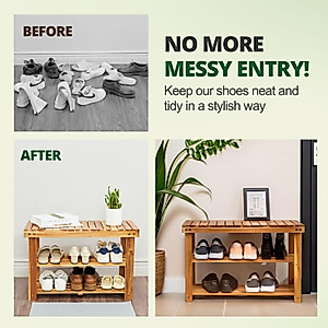 BEEFURNI Acacia Shoe Rack Bench, 3-Tier Sturdy Shoe Storage Bench, Wooden Shoe Organizer, 300 LBS Load Capacity, Perfect for Closet Entryway Bathroom, 1-Year Manufacturer Warranty, Natural Acacia