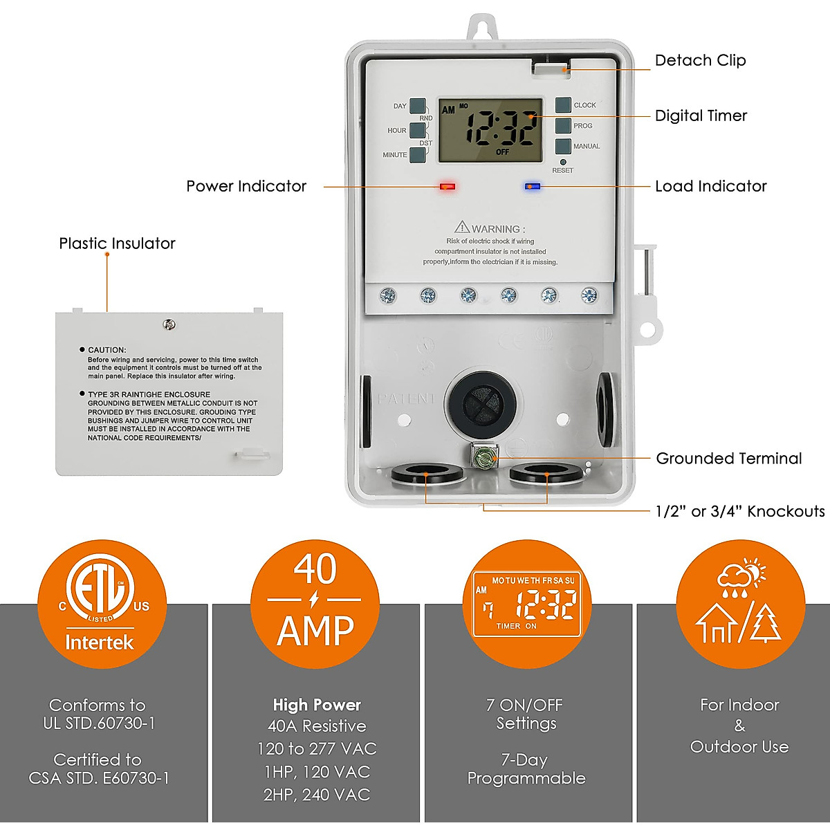 Suraielec Pool Timer, 7-Day Digital Pool Pump Timer Switch, 120, 240, 277 VAC, Heavy Duty 40 AMP, 2HP, 24 Hour Programmable, Outdoor Indoor Swimming Pool Timer Box for Pump, Hot Water Heater, Lights