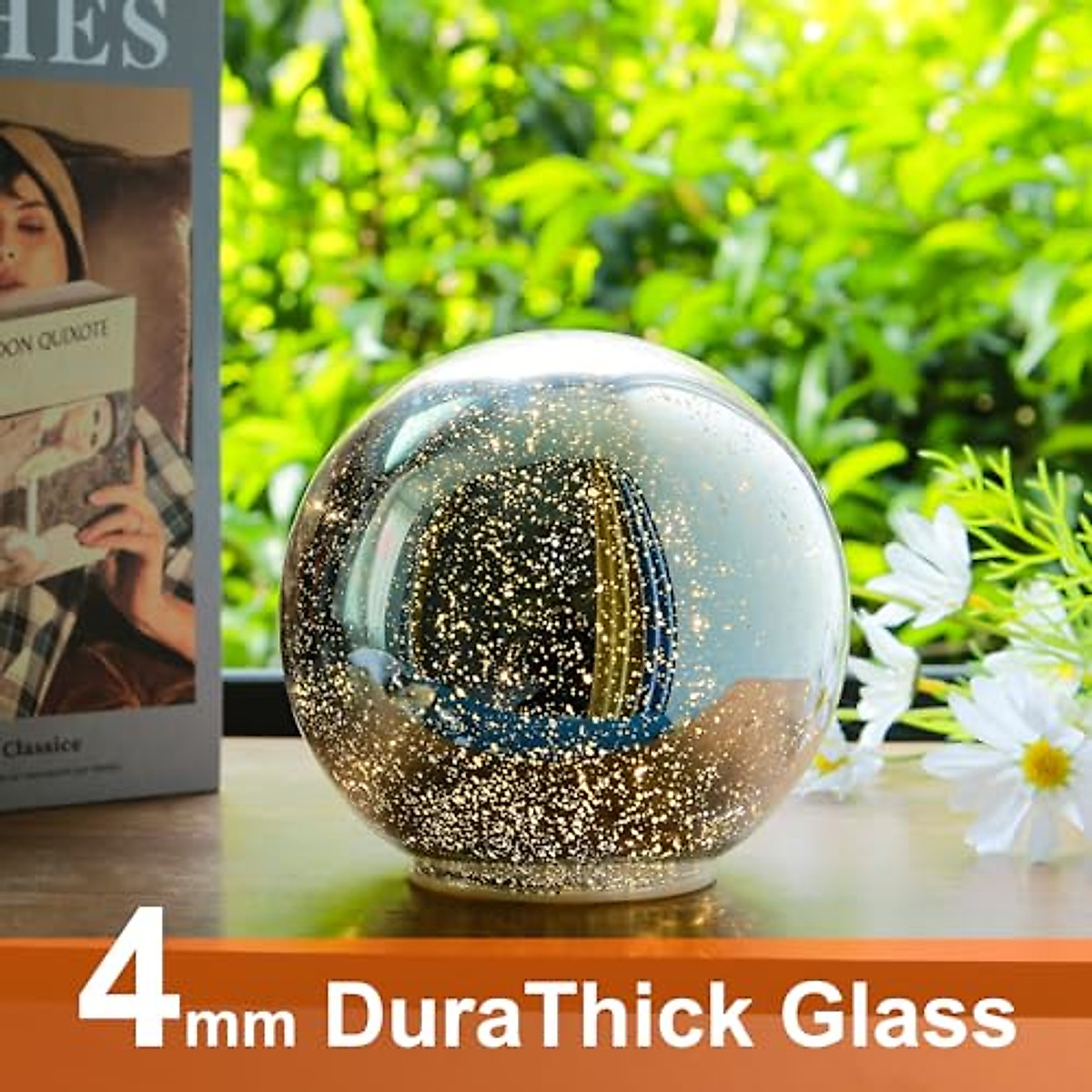 Lighted Mercury Glass Ball Table Lamp, Silver Cordless Glass Orb Christmas Decor Ball Led Light Globe, Modern Light Up Battery Operated Sphere Glass Night Light for Home Bedroom Indoor Decor, Large