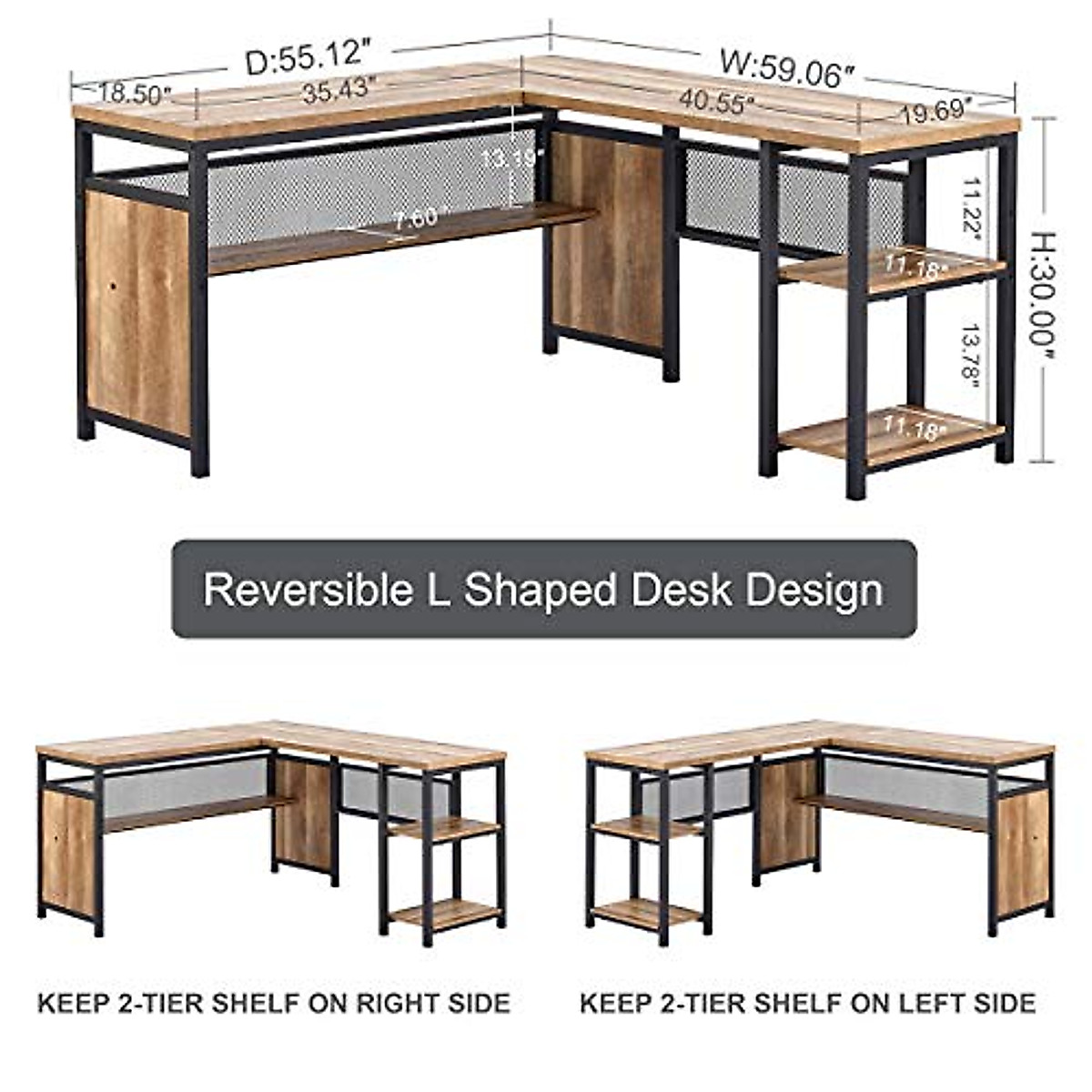 FATORRI Industrial L Shaped Computer Desk and 5 Tier Bookshelf for Home Office (Rustic Oak)