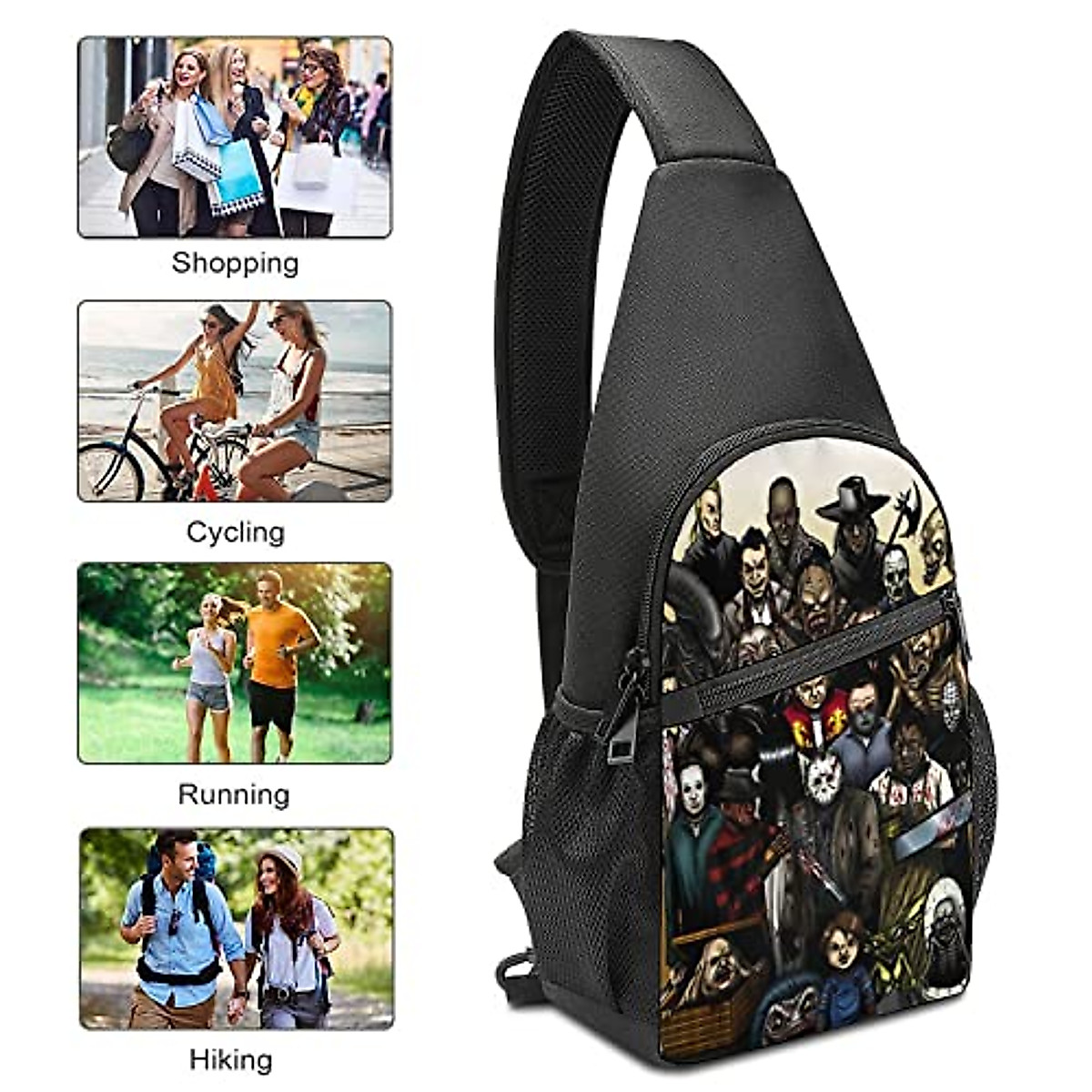 Lifekuaile Horror Characters Movie Halloween Themes Lightweight Shoulder Bag Sling Crossbody Bag Packable One Strap Backpack Anti-Theft Gym Bag for Hiking Travel Cycling Chest Bag