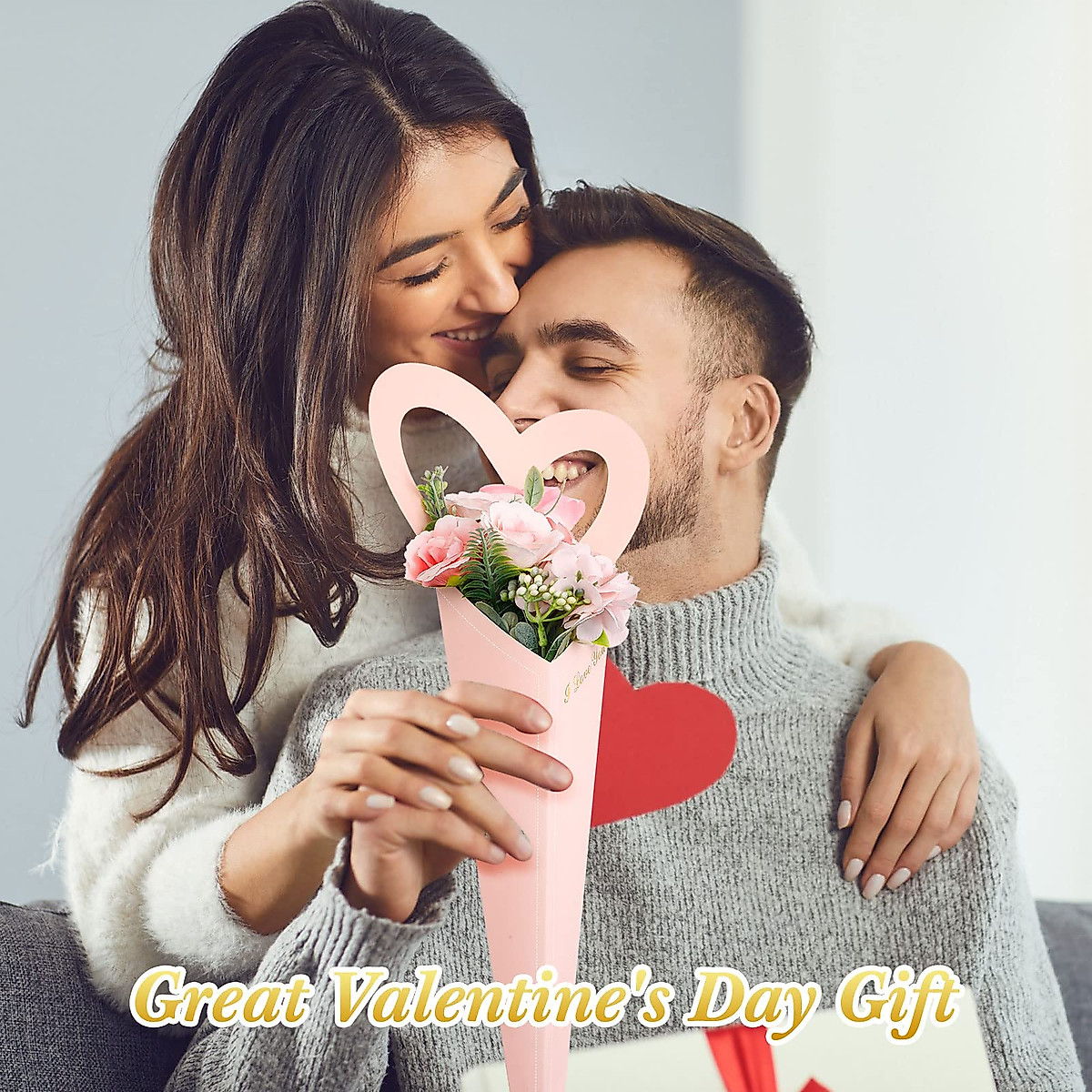 Teling 18 Pcs Single Flower Sleeve Love Heart Floral Bouquet Bags Paper Flower Wrapping Box Waterproof Packaging Bag with Ribbons for Flower Florist Gift, Pink, Rose Gold, White, 7.1 x 18 Inch