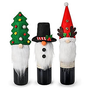 Mocoosy 3PCS Gnome Christmas Wine Bottle Cover Toppers, Christams Tree Snowman Reindeer Santa Hat for Wine Bottle Christmas Table Decorations, Decorative Felt Bottle Gift Bags Xmas Holiday Home Decor
