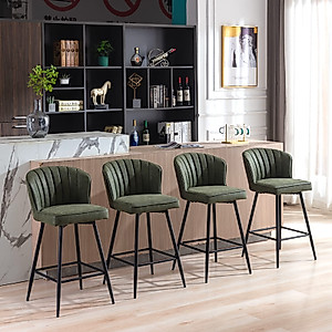 CIMOO Green Leather Bar Stools Set of 2 Mid Century Modern Counter Stools 26 Inch Counter Height Stool Chairs Upholstered Kitchen Island Chairs with Back, PU Faux Letaher