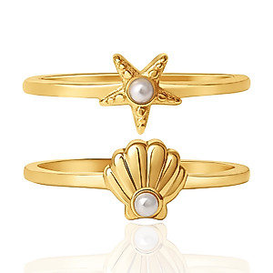 Disney The Little Mermaid Stackable Ring Set Size 7 - Starfish and Seashell Ring - Flash-Plated Rings for Women