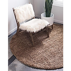 Rugs.com - Über Cozy Solid Shag Collection Rug – 5 Ft Round Sandy Brown Shag Rug Perfect for Kitchens, Dining Rooms