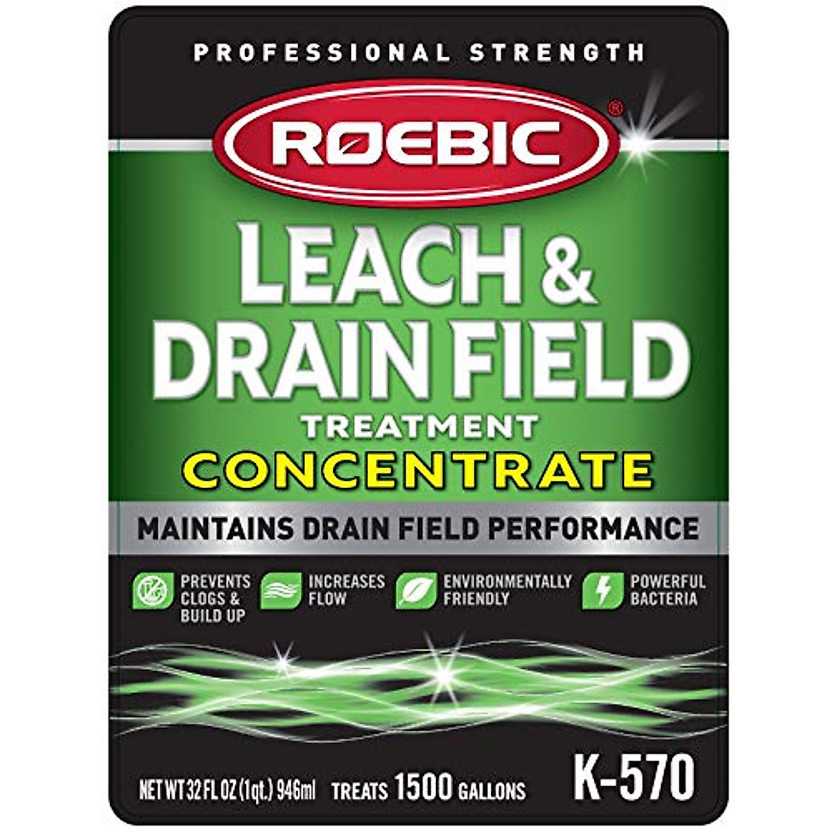 Roebic K-570-Q Biodegradable Leach and Drain Field Treatment Concentrate Environmentally Friendly Bacteria Enzymes Treat Septic Clogs & Buildup, 32 Ounces