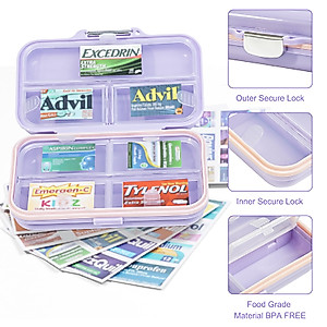 Goffing Travel Pill Organizer Box with Medicine Labels, 7 Compartments Portable Pill Case, Daily Medication Organizer Storage Pill Container for Pocket Pharmacy(Purple, L)