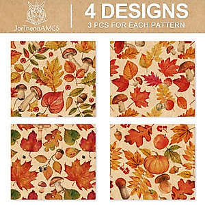JarThenaAMCS 12 Sheets Fall Kraft Wrapping Paper - Not Roll - Maple Leaves Pumpkin Mushroom Gift Wrap Paper Folded Flat for DIY Craft Autumn Thanksgiving Harvest Party, 19.7 x 27.6 Inch