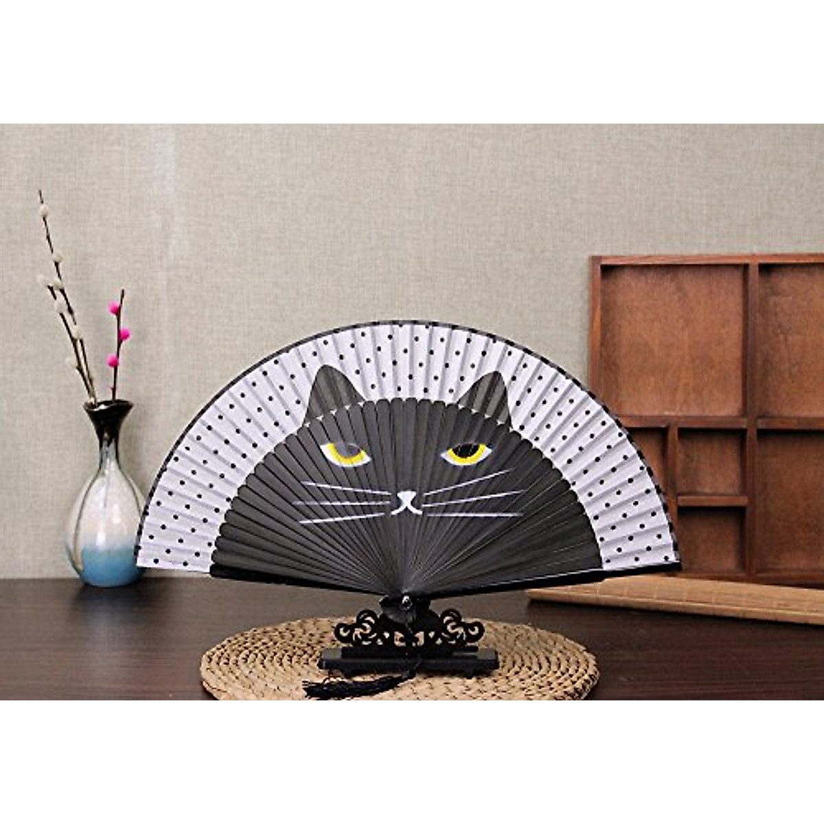 Goege Bailey Women Cartoon Cat Folding Silk Fan Jepanese Handheld Fan (Black)