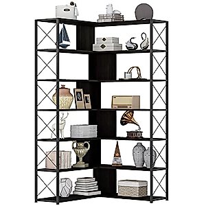7 Shelf Corner Bookshelf, L Shape Book Shelf Corner Bookcase, Vintage Industrial Shelf Etagere Bookcase with Open Storage, 7-Tier Bookshelves Storage Rack with Metal Frame for Home Office (Black)