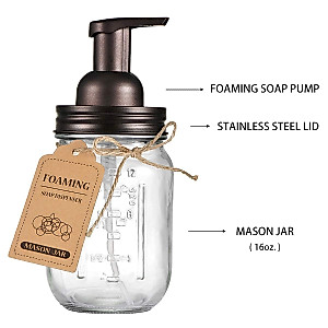Amolliar Mason Jar Foaming Soap Dispenser, Rustproof Stainless Steel Lid, BPA Free Foam Pump, Waterproof Labels, Rustic Farmhouse Decor Refill Hand Soap Dispenser Bathroom Accessories– Bronze (2 Pack)