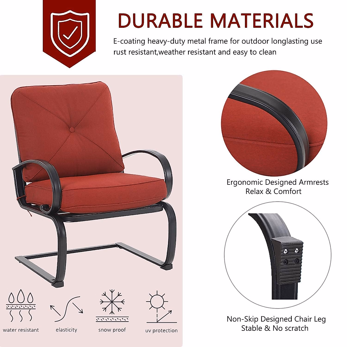 MFSTUDIO 7 Piece Outdoor Patio Dining Set, 6 Spring Motion Cushion Chairs, 1 Rectangular Table with 1.57"-1.9" Adjustable Umbrella Hole, Metal Furniture Sets for Garden, Red