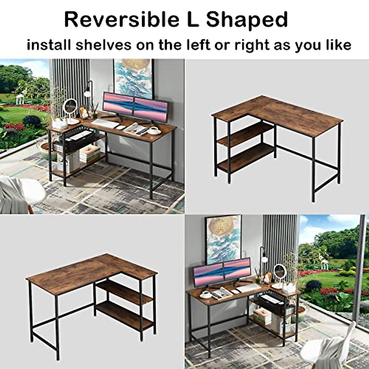 WOODYNLUX L Shaped Desk - 43 Inch Gaming Desk, Computer Corner Desk, Home Office Writing Desk with Shelf, Space-Saving Workstation Table, Modern Simple Wooden Desk, Rustic Brown