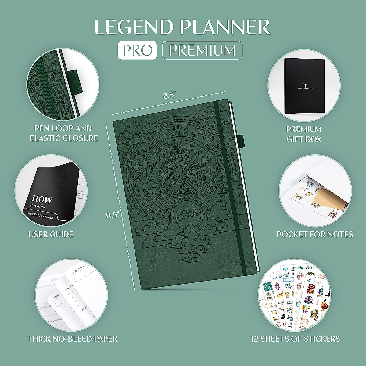 Legend Planner PRO Premium – Large Undated Weekly, Monthly & Budget Planner with Habit Tracker – Life Organizer for Time & Task Management, Goal Setting & Productivity – A4 size (Forest Green)