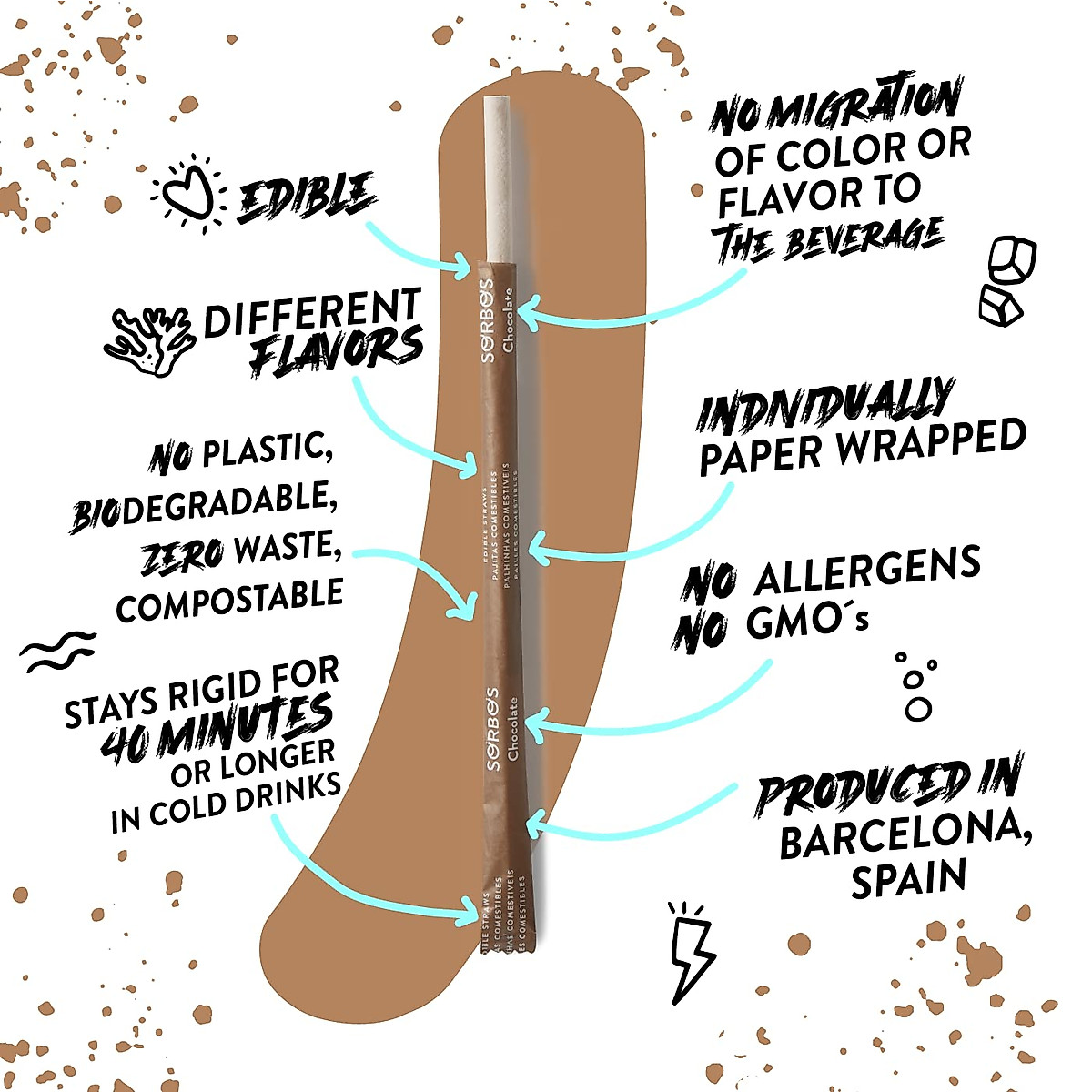 Sorbos Edible Straws, Chocolate Flavored, Sustainable, Individually Packaged, No Plastic, No Allergens, No Gluten, No PFAS, 100 Percent Biodegradable, 7.4 inches long (Pack of 200)