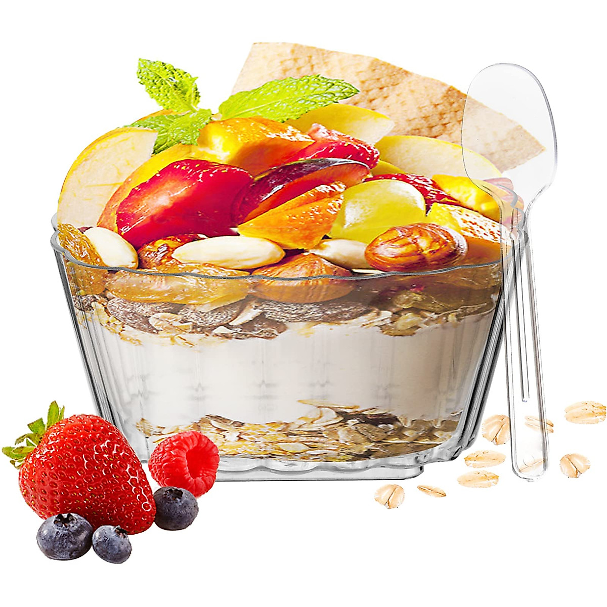 DEAYOU 100 Pack 5 Oz Dessert Cups with Spoons, Small Plastic Mousse Cup Dessert Shooters, Clear Disposable Parfait Appetizer Cup, Mini Reusable Trifle Tumbler Cup for Souffle, Pudding, Party