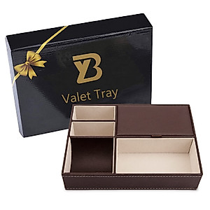 Baoyun Mens Valet Tray Organizer - Leather Nightstand Dresser Top Box with 5 Compartment for Accessories, Wallet, Phone, Keys (Brown)