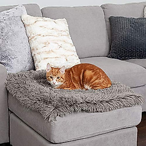 Furhaven Self-Warming Cat Bed for Indoor Cats, 4-Beds-in-1 & Washable - Plush Long Faux Fur Convertible Cuddler - Gray, Small
