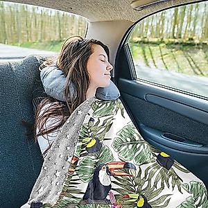 Joko Ivery Tropical Palm Leaves Birds Premium Soft Travel Blanket Pillow Airplane Blanket with Hand Luggage Belt & Backpack Clip Airplane Essentials 2 in 1 for Airplane Train Bus Car