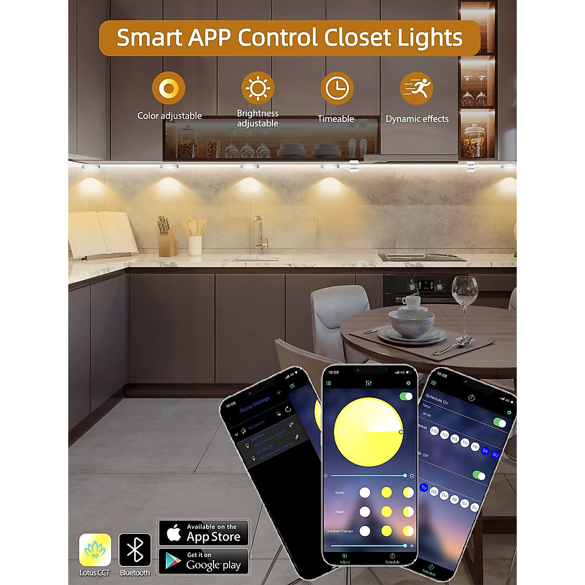 MATICOD Under Cabinet Lights Plug in Dimmable White LED Under Cabinet Lighting, Bluetooth Smart APP Remote Control Closet Lights Kitchen Lights, Under Counter Lights for Kitchen, Cabinet