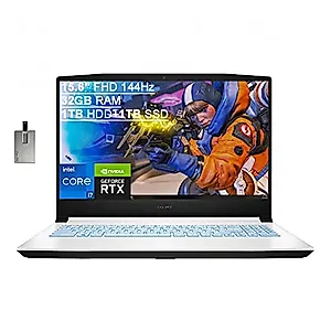 2022 MSI Sword Gaming 15.6" FHD 144Hz Laptop Computer, 11th Gen Intel Core i7-11800H, 32GB RAM, 1TB HDD+ 1TB PCIe SSD, Backlit Keyboard, GeForce RTX 3050 Ti, Windows 10, White, 32GB SnowBell USB Card…