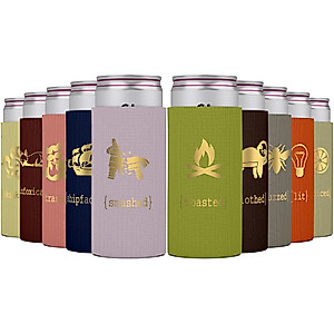 Retro Colored Slim Can Coolers (Set of 10) - Funny Gold Drinking Designs - Girls Trip Gifts Favors - Bachelorette Party - Adult Party Favors