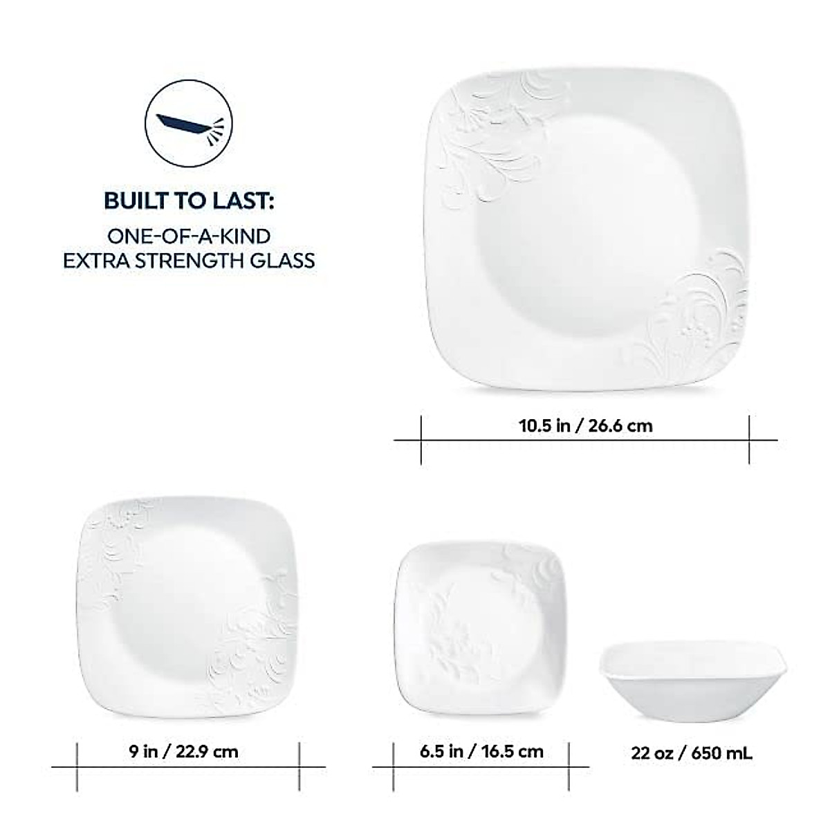 Corelle Cherish 16pc, Service for 4, Dinnerware Set, 8 plates 8 bowls, Chip & Break Resistant, Dinner Plates and Dinner Bowls, Corelleware Plates, White