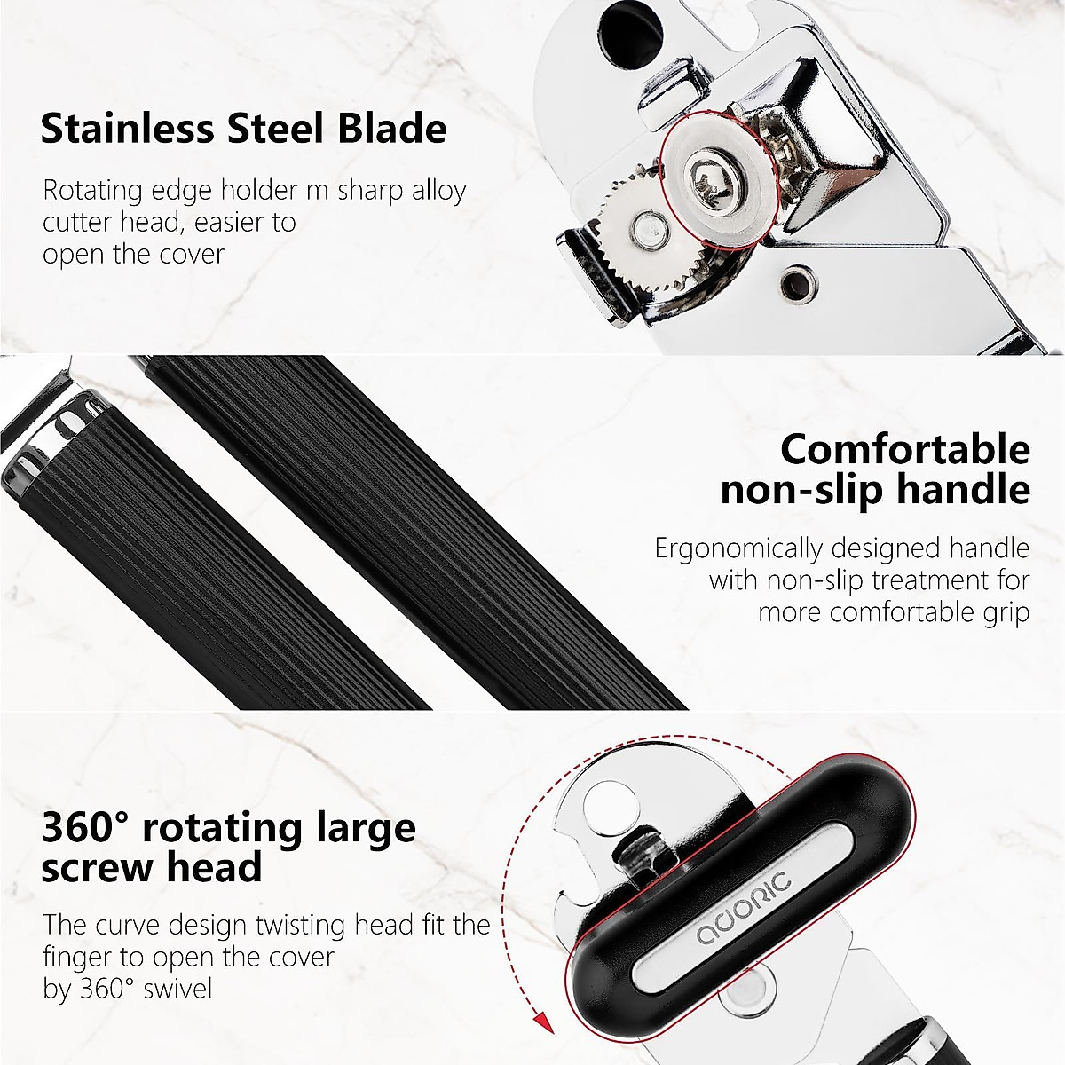Can Opener Manual, Can Opener Smooth Edge, Food-Safe Multifunctional Can Openers Stainless Steel Manual Can Opener with Non-Slip Handle & Large Knobe, Ultra Sharp Cutting for Seniors with Arthritis