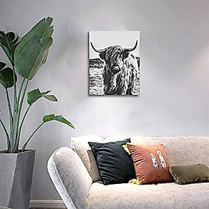 Highland Cow Wall Art with Framed Western Canvas Room Decor Black and White Living Room Bathroom Modern Painting Wall Decor Pictures for Bedroom Kitchen Cow Gifts 16x12inch