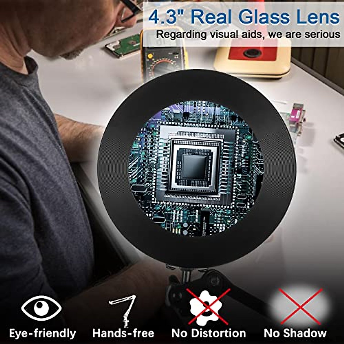 Magnifying Glass with Light, 5X Lighted Magnifying Glass 3 Color Modes Stepless Dimmable 72 LEDs Magnifying Lamp, Magnifier with Light Desk Lamp with Clamp for Crafts Workbench (Adapter Not Included)