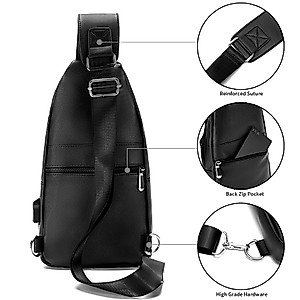 Men Leather Sling Bag Purse Waterproof Crossbody Chest Bag Sling Backpack with USB Charging Port One Shoulder Bag Black