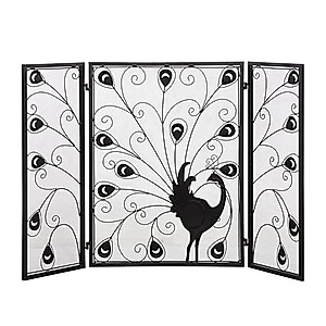 Deco 79 Metal Peacock Fireplace Screen Rainbow 3 Panel with Crystal Accents and Black Frame, 48" x 1" x 32", Blue