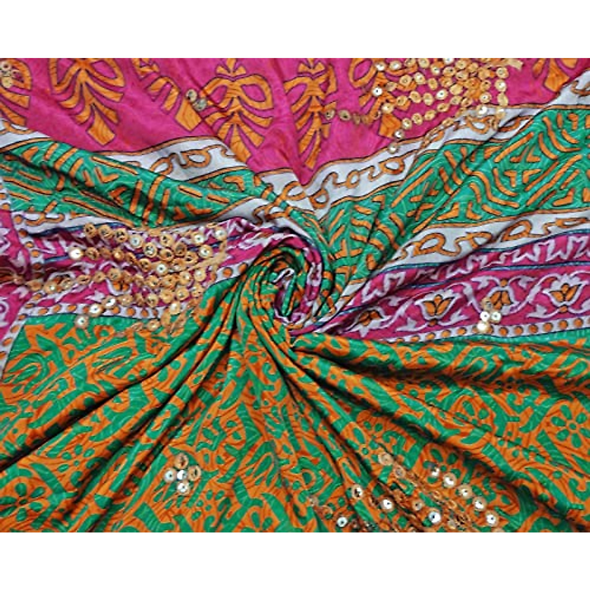 Peegli Women's Vintage Orange Floral Saree Indian Fabric DIY Crepe Silk 5 Yards Sari