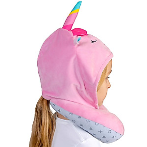 BENBAT Hooded Travel Pillow Neck Support – Soft, Polyester Total Car Seat Head Support for Children 4+ with Magnetic Closure and Ponytail Hole – Machine-Washable Travel Essentials (Unicorn)