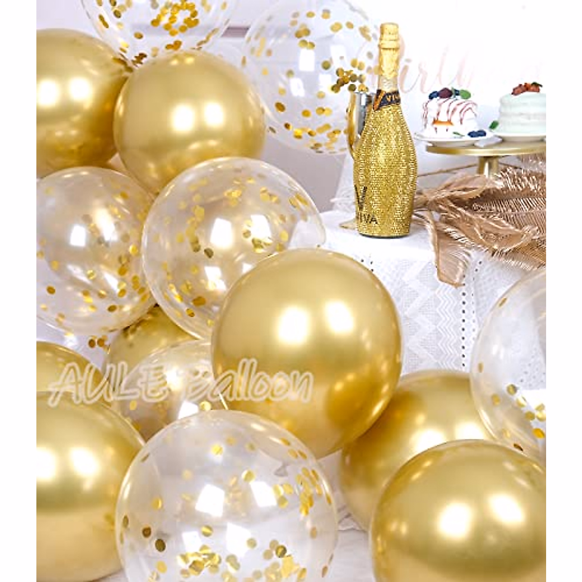AULE Party Balloons Pack of 42 - Metallic Gold Balloons & Gold Confetti Balloons and 64ft Ribbons - 12 Inch Balloons Decorations Set