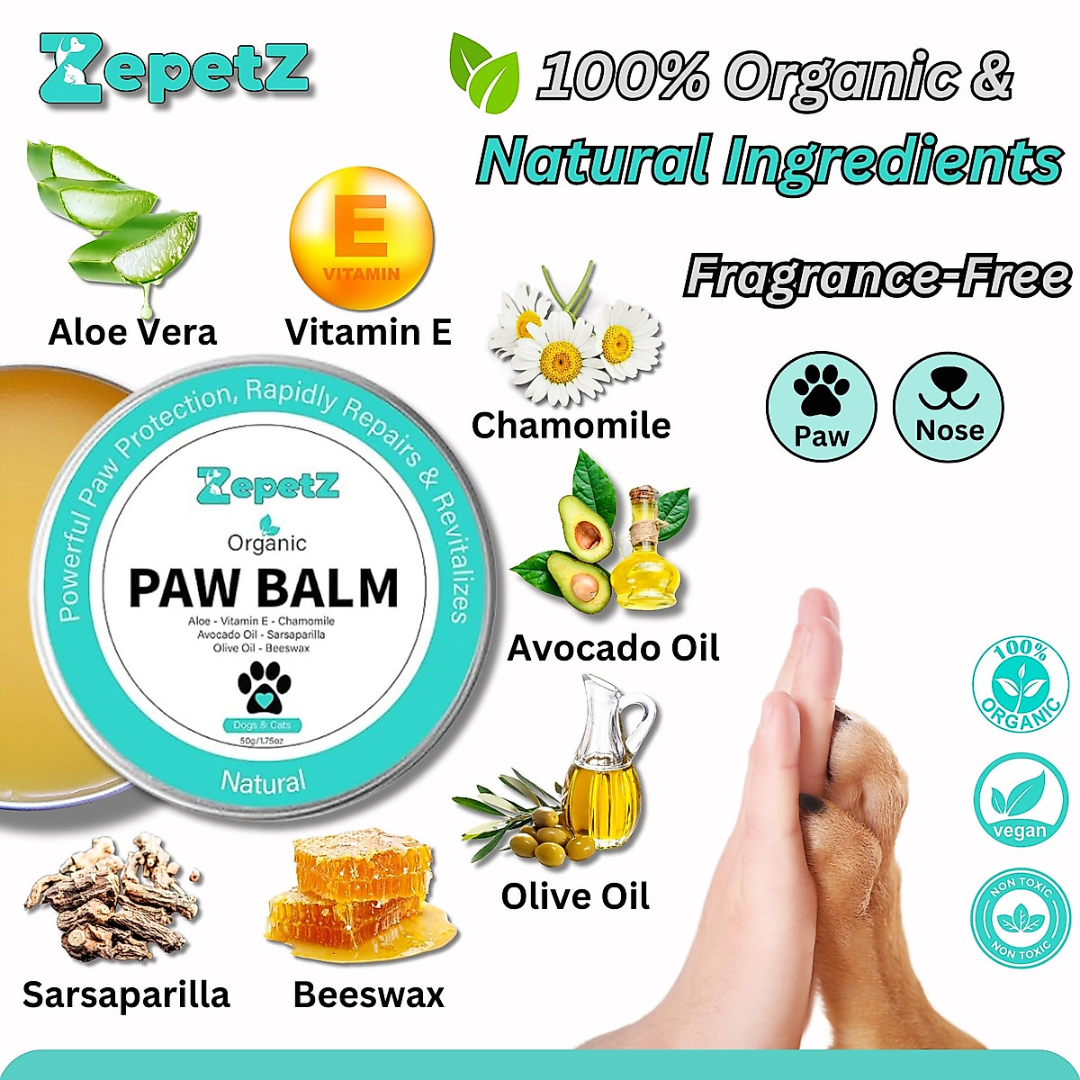 ZepetZ Paw & Nose Balm for Dogs and Cats - Lick-Safe, 100% Organic & Natural. Heals, Repairs, and Restores Dry, Cracked, and Damaged Paws & Noses. Moisturizes, Protects, Soothes & Revitalizes 1.75 oz.
